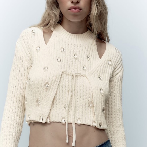 Zara | Sweaters | Zara Cream Chenille Crystal Cardigan | Poshmark